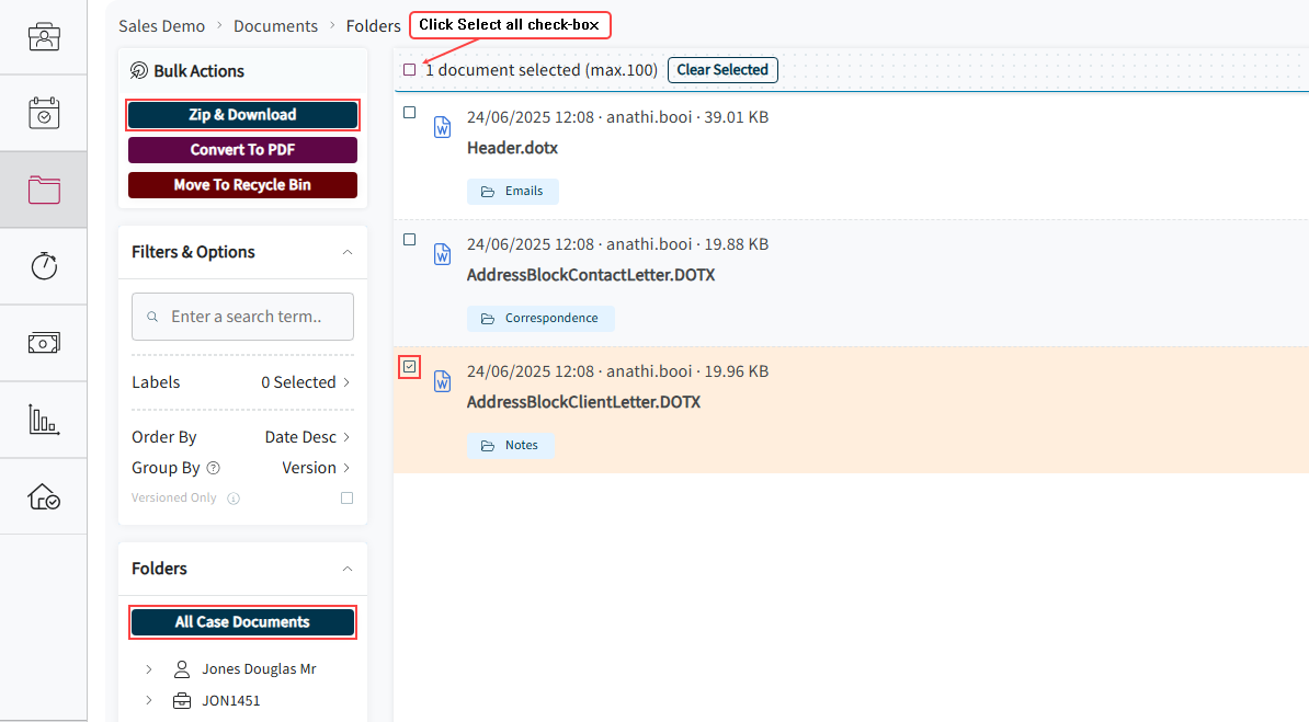 Bulk Actions - Zip & Download Documents – Dye & Durham UK